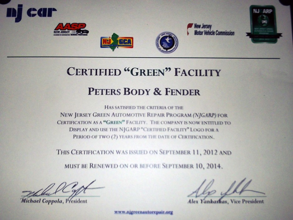 Green Certified NJ Body Shop | Peters Body & Fender